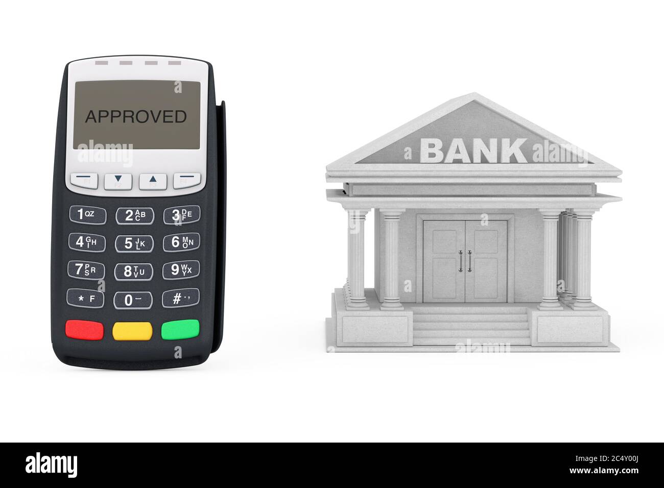 Credit Card Payment Terminal near Bank Building on a white background ...