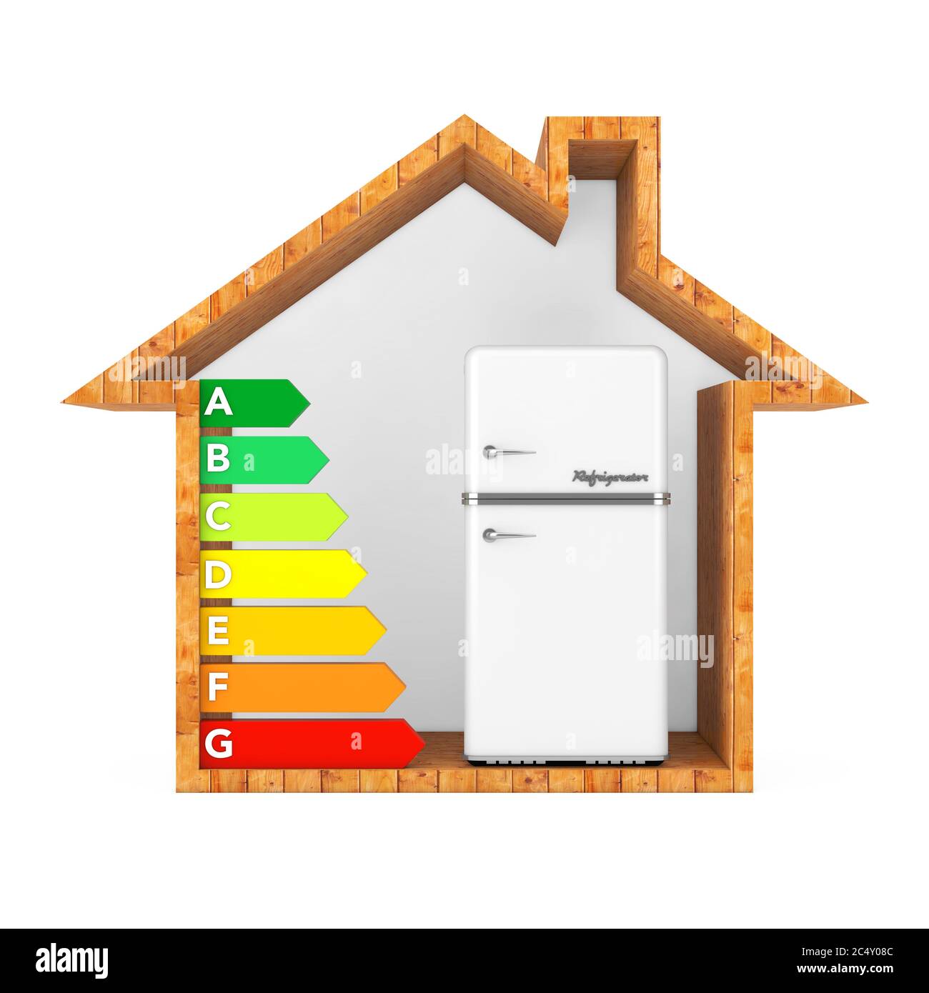 White Fridge with Energy Efficiency Rating Chart in Abstract Wooden ...