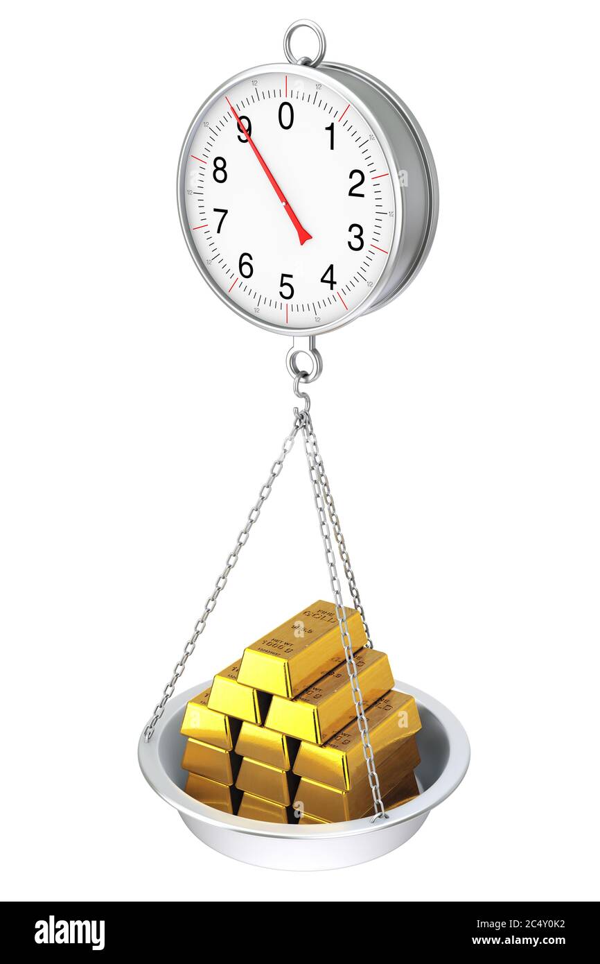 Hanging Weight Scale with Stack of Golden Bars on a white background ...