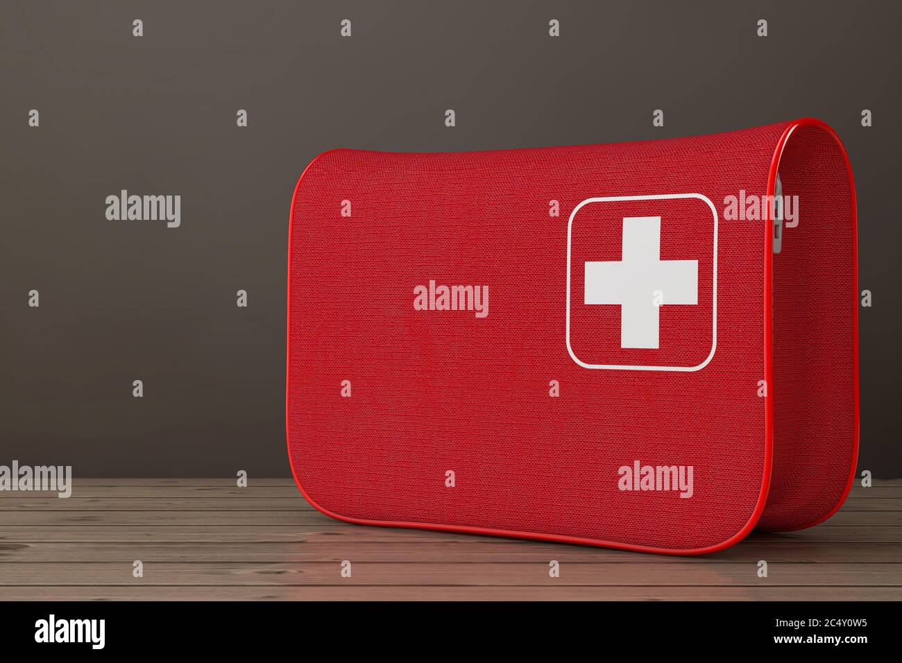 Red First Aid Kit Soft Bag with White Cross on a wooden table. 3d ...