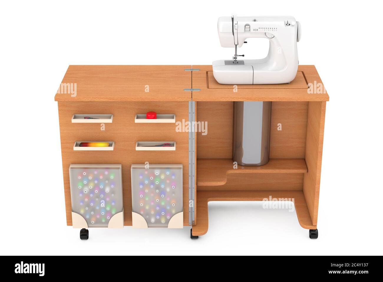 Sewing Machine on Tailor Workshop Wooden Table on a white background ...