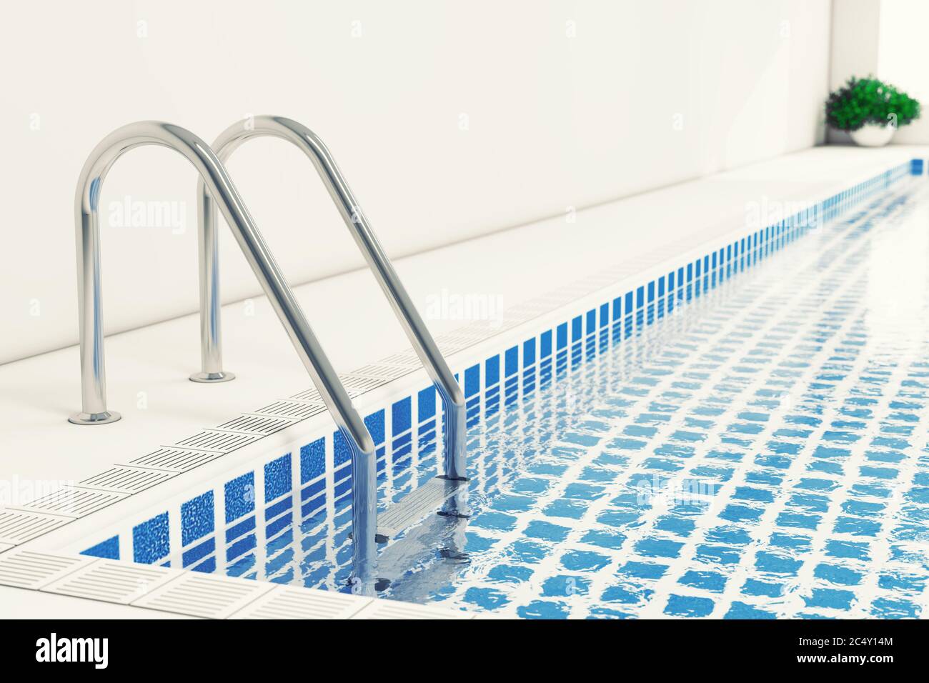 Chrome Swimming Pool Ladder in Swimming Pool Interior extreme closeup ...