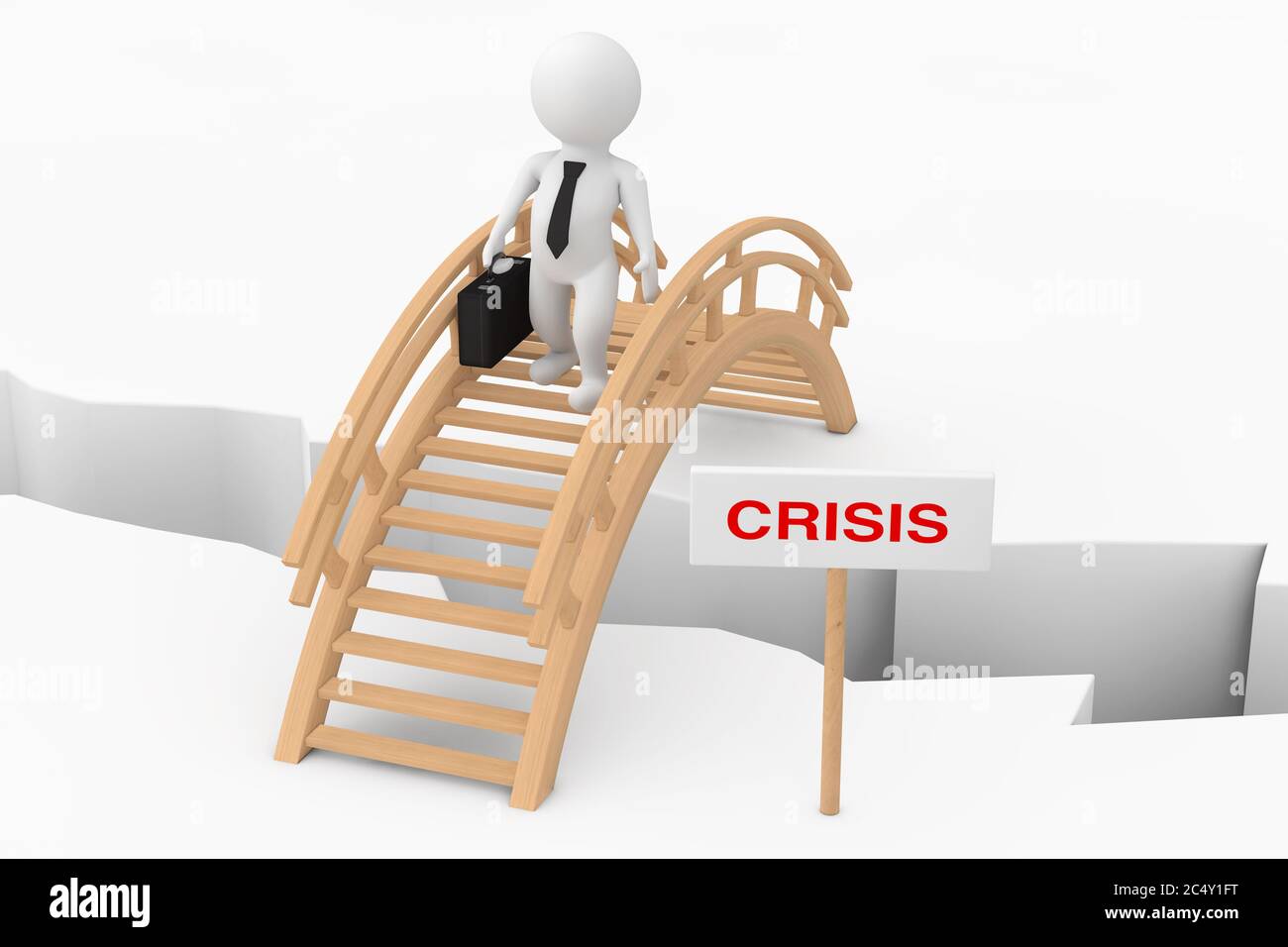 3d Person Businessman Crossing Bridge with Crisis Sign on a white ...