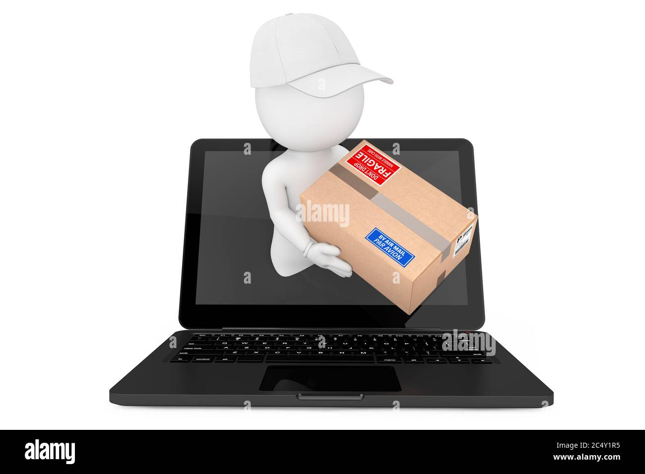 Fast Delivery Concept. 3d Character Deliver Parcel Through Laptop ...