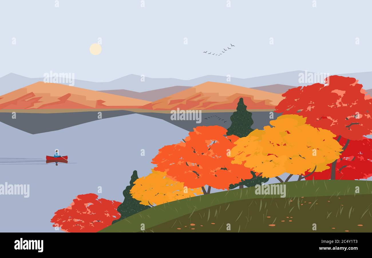Autumn mountains lake landscape flat vector Stock Vector Image & Art ...