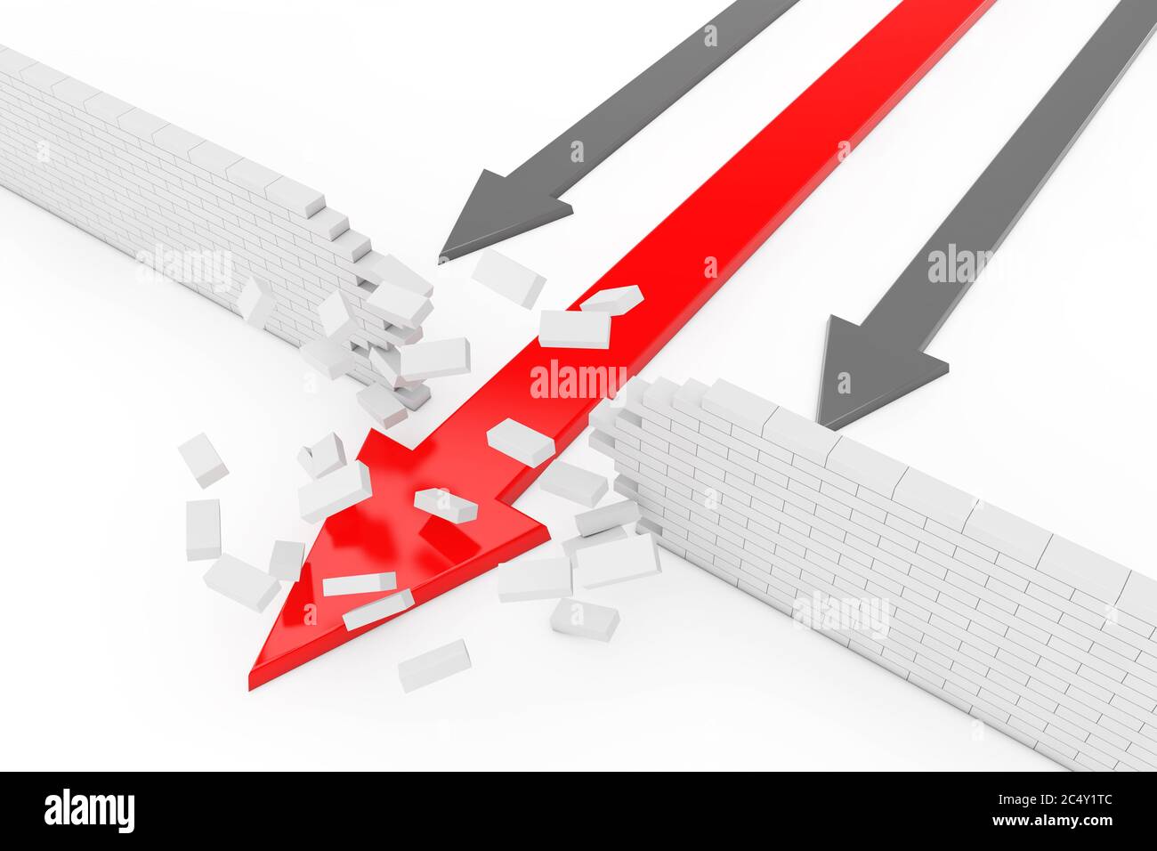 Business Solution Concept. Red Arrow Breaking Break Wall on a white ...