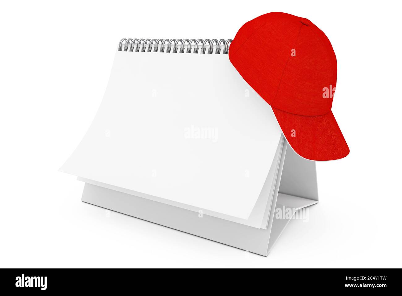 Red Fashion Blank Baseball Cap over Blank Paper Desk Spiral Calendar on ...