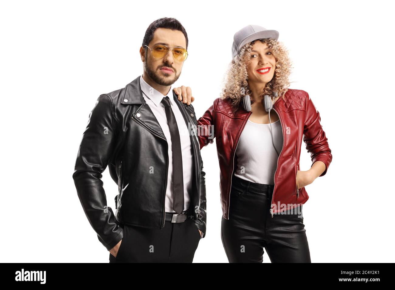 Couple in leather jackets isolated on white background Stock Photo - Alamy