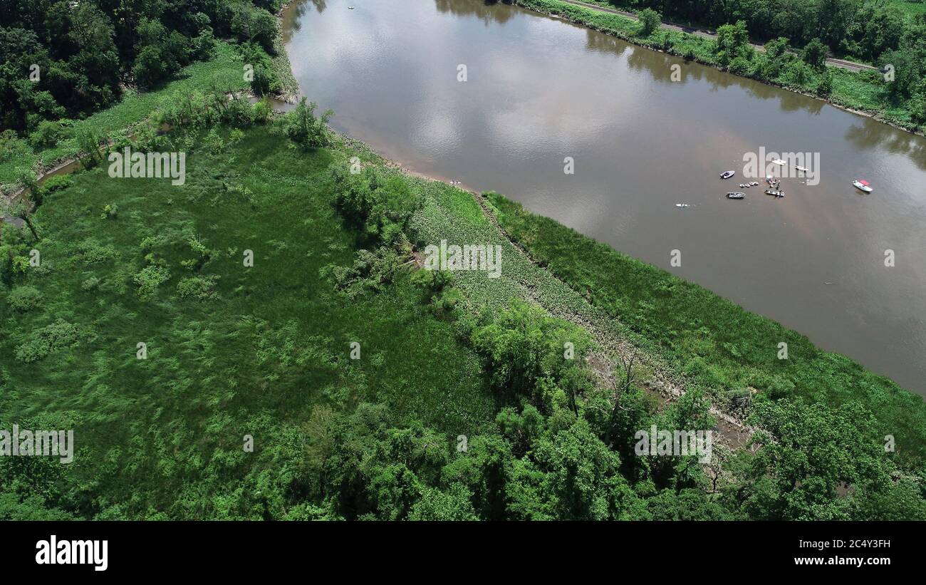 Aerial view of boaters on Crosswicks Creek near the Delaware River in ...