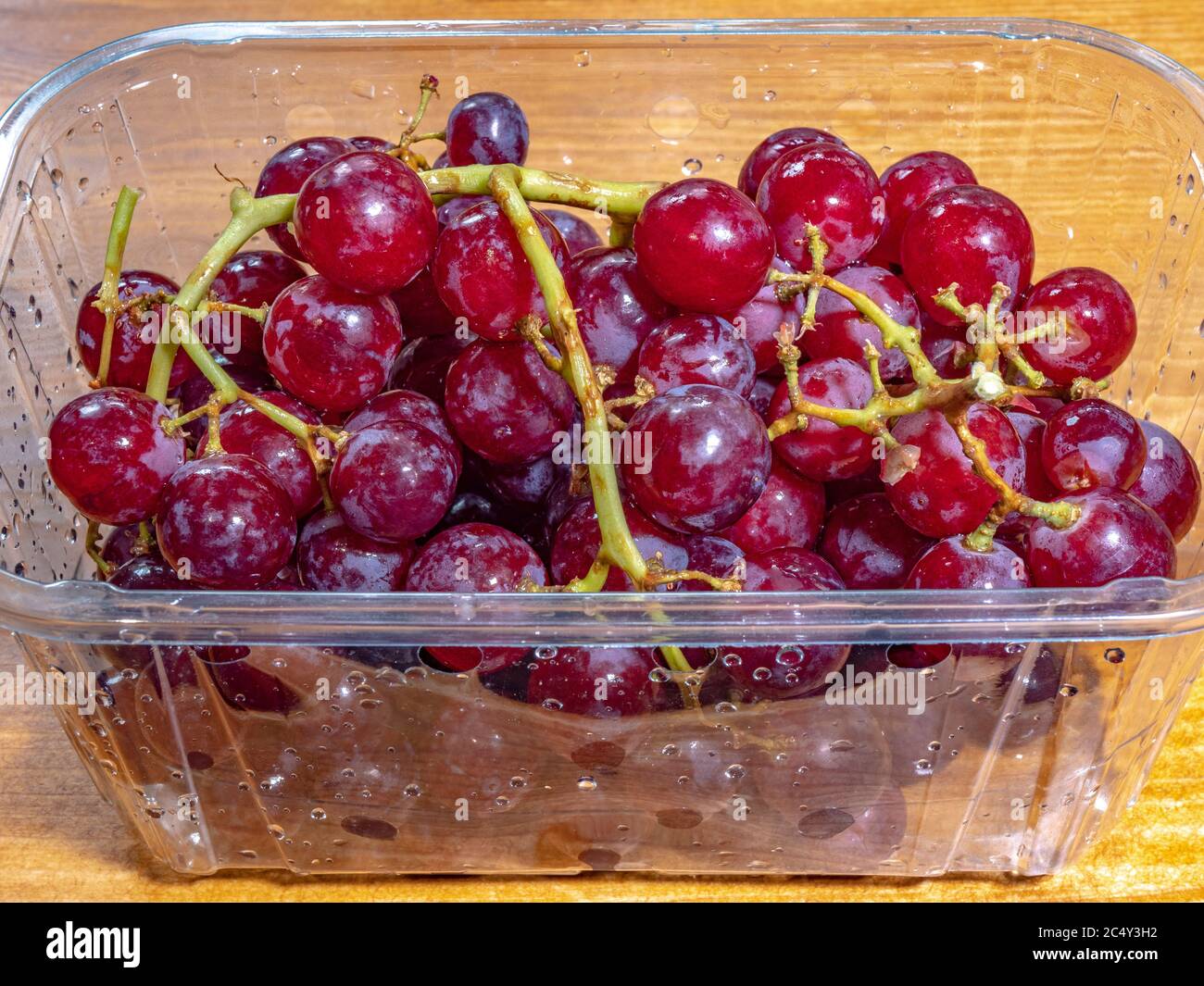 A transparent plastic punnet of freshly washed, ripe, glistening, juicy ...