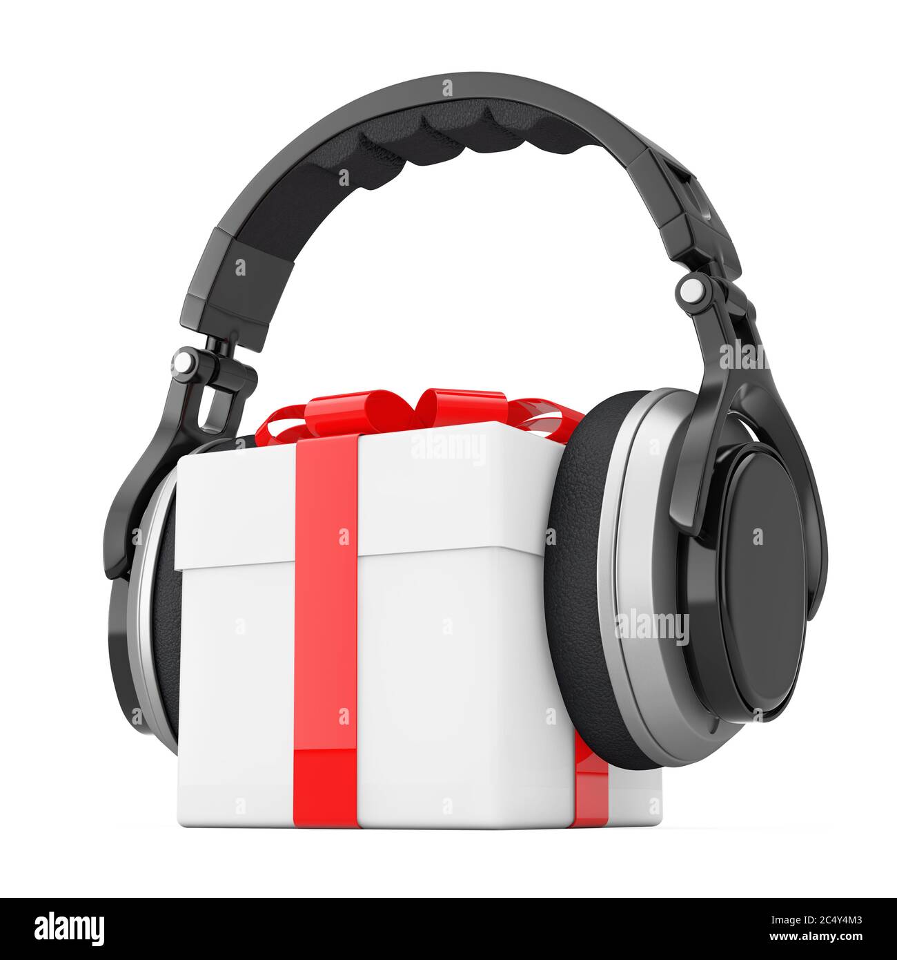 Headphones over White Gift Box with Red Ribbon on a white background ...