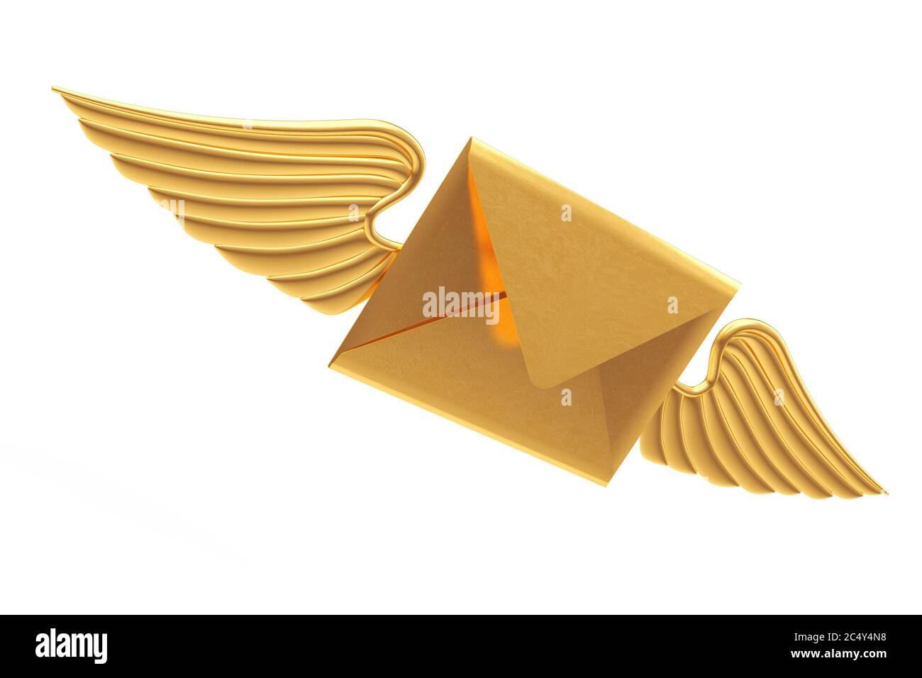 Flying Golden Envelope Letter with Wing on a white background. 3d ...