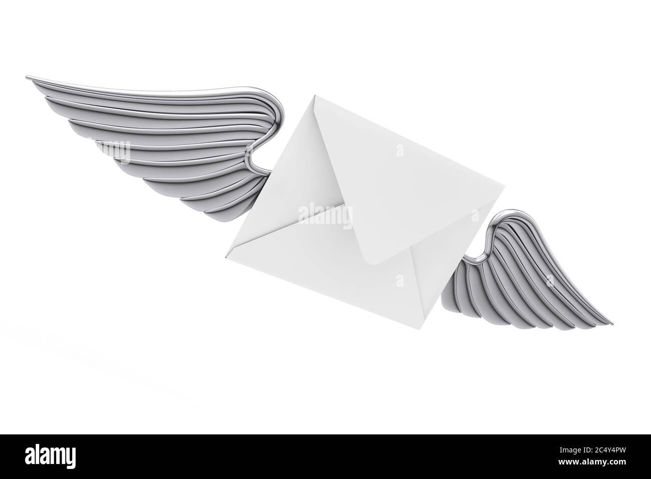 Flying White Envelope Letter with Silver Wing on a white background. 3d ...