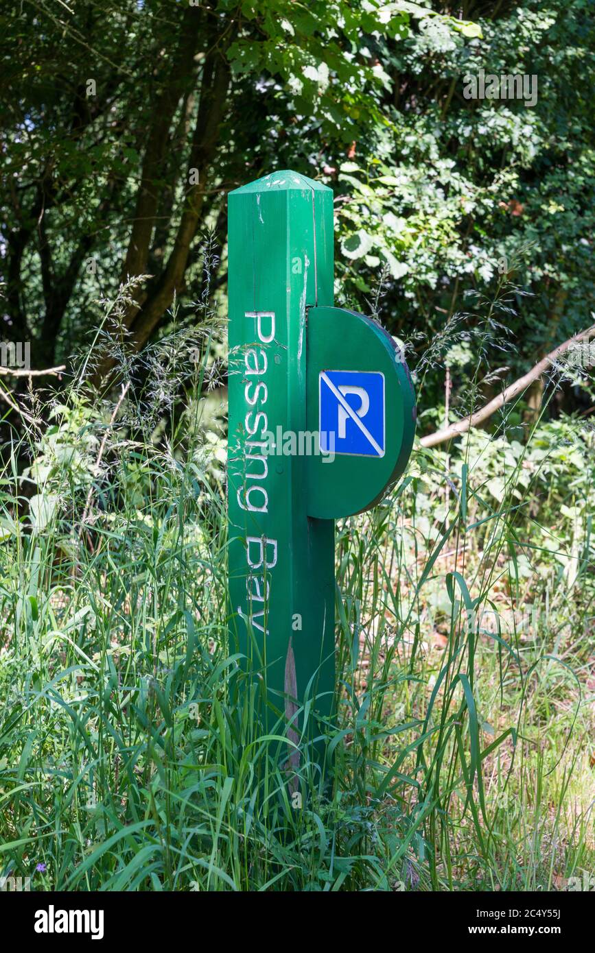 Sign marking passing bay on a narrow road at Kingsbury Water Park, a ...
