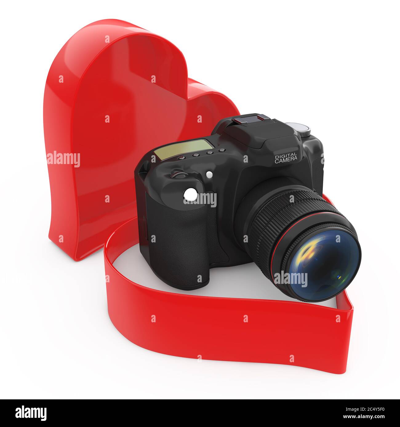 Modern Digital Photo Camera in Heart Valentine’s Day Box on a white ...
