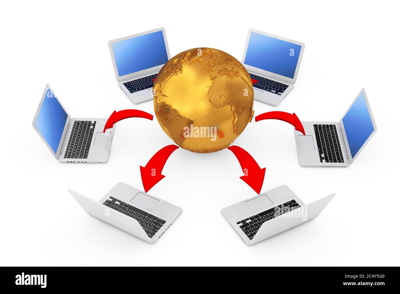 Laptops Arranged in a Circle Around Golden Earth Globe with Glowing Red ...