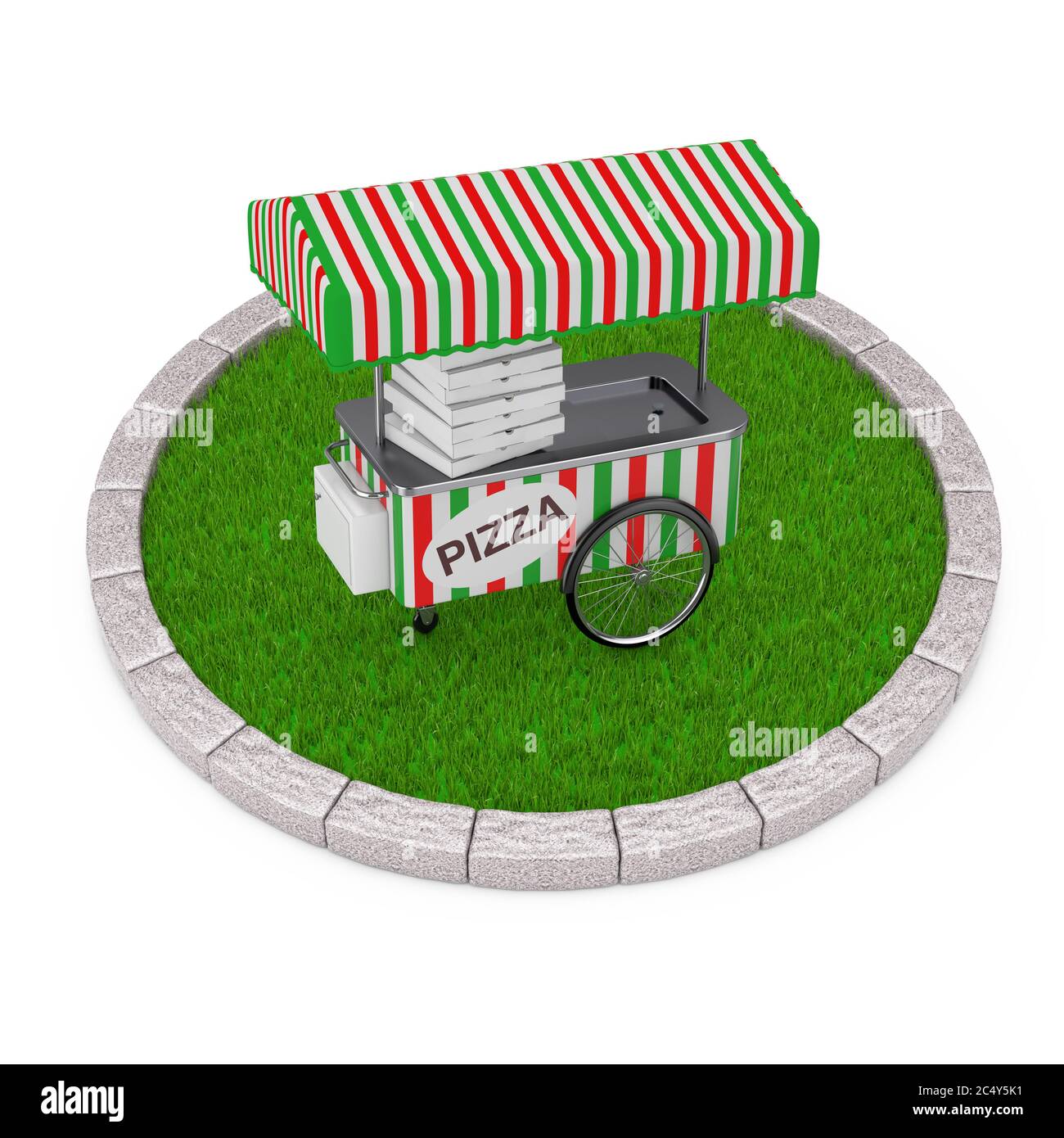 Pizza Trolley Cart over Round Plot of Dense Green Grass on a white ...