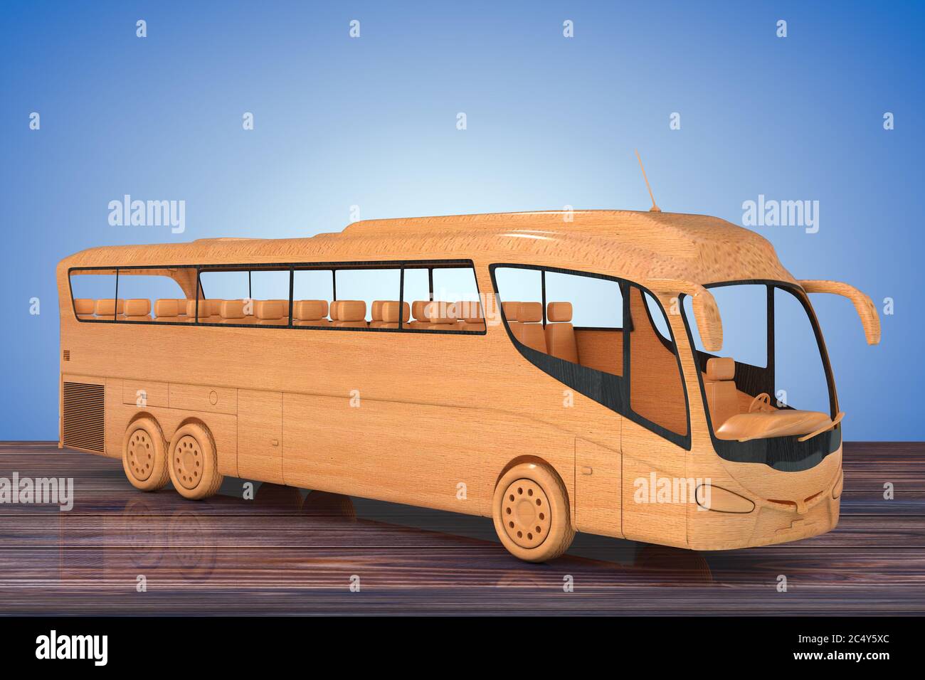 Abstract Wooden Toy Coach Tour Bus on a wooden table. 3d Rendering ...