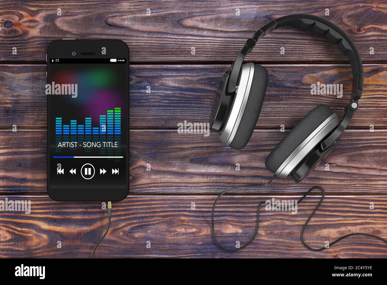Headphones near Mobile Phone with Music Playlist on a wooden table. 3d ...