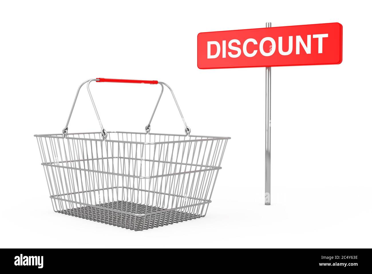 Red Pole Discount Sign near Wire Shopping Basket on a white background ...