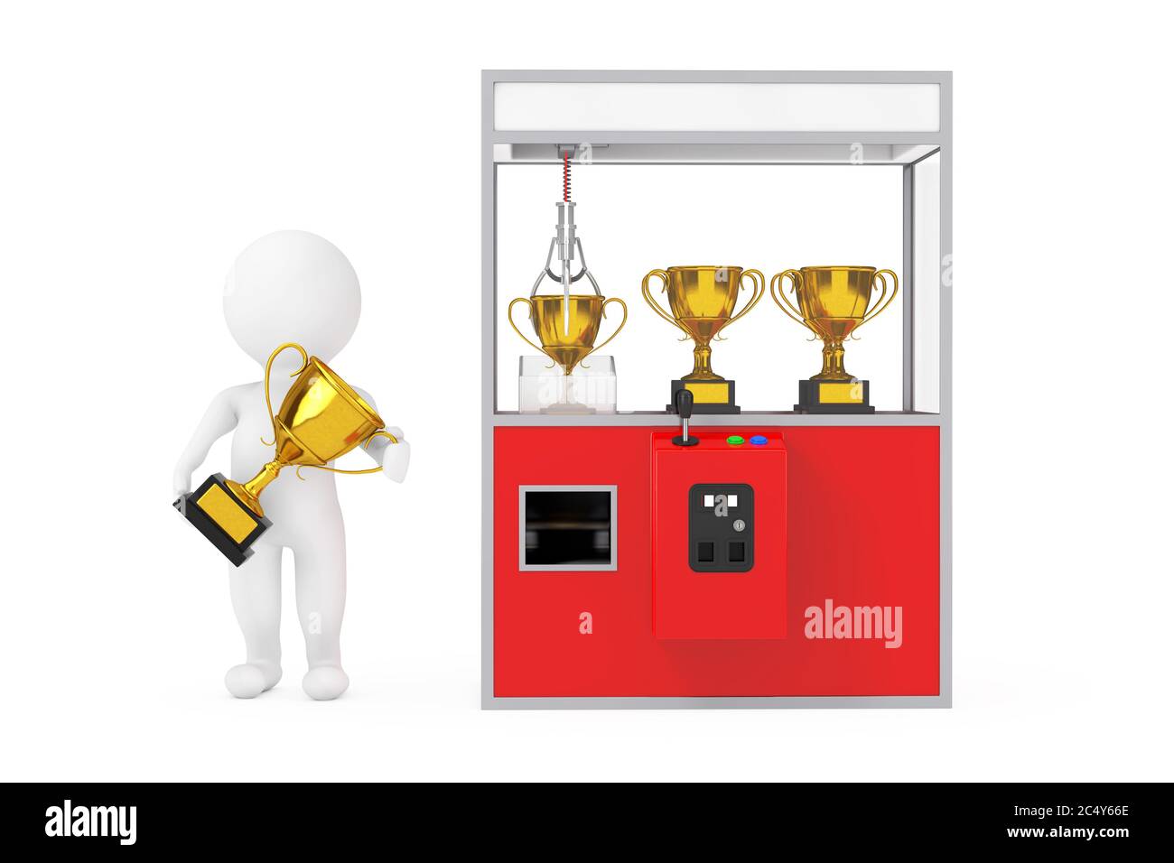 Winner Person with Golden Trophy Prize near Carnival Red Toy Claw Crane ...