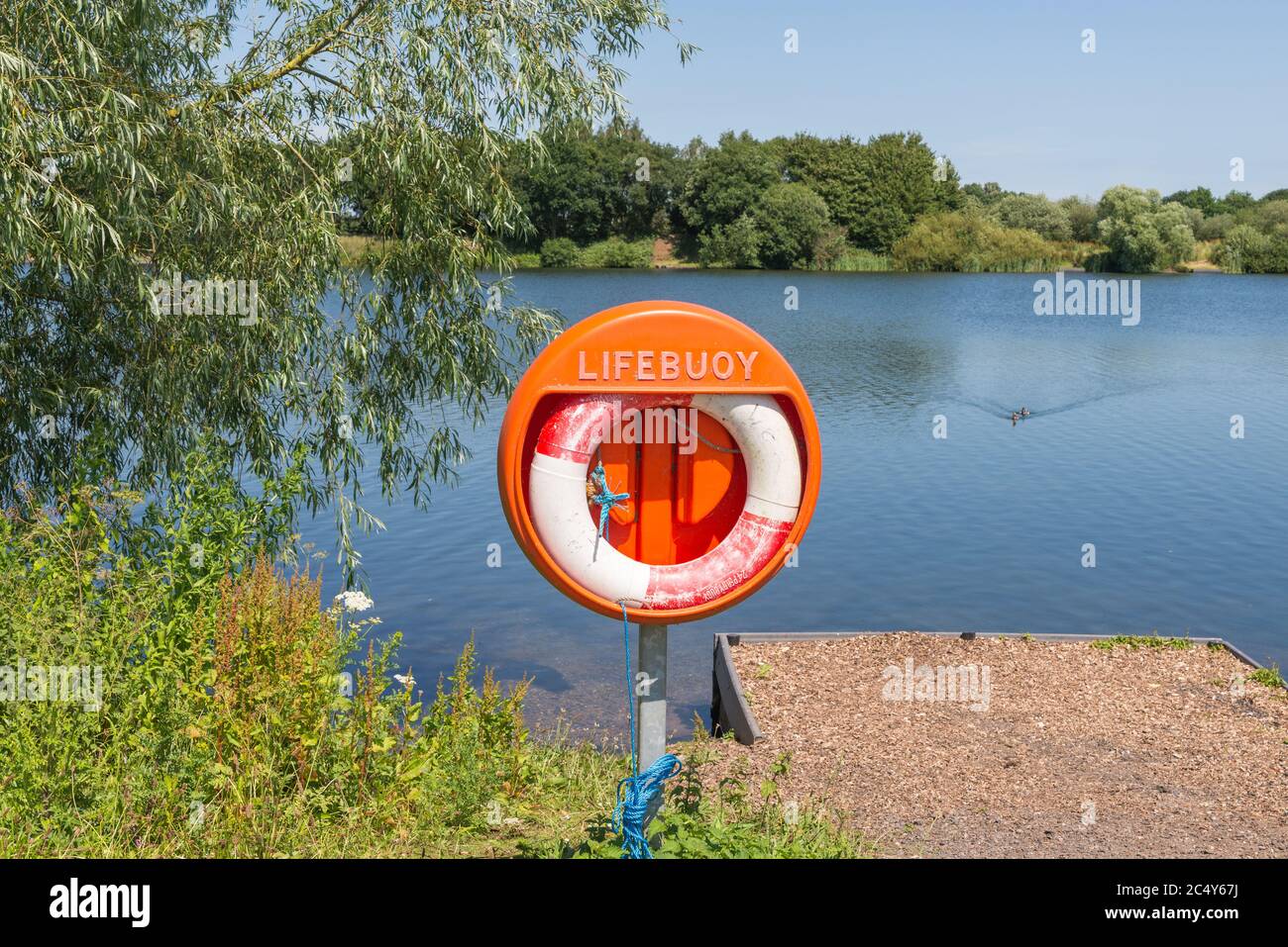 Lifebuoy mounted on stand at Broomy Croft Pool at Kingsbury Water Park ...