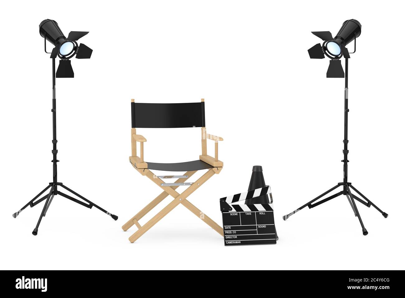 Cinema Industry Concept Director Chair Movie Clapper And Spotlights On A White Background 3d cinema-industry-concept-director-chair-movie-clapper-and-spotlights-on-a-white-background-3d