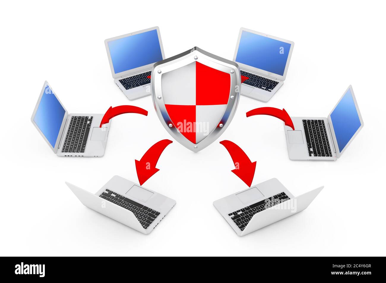 Laptops Arranged in a Circle Around a Protective Shield with Glowing ...