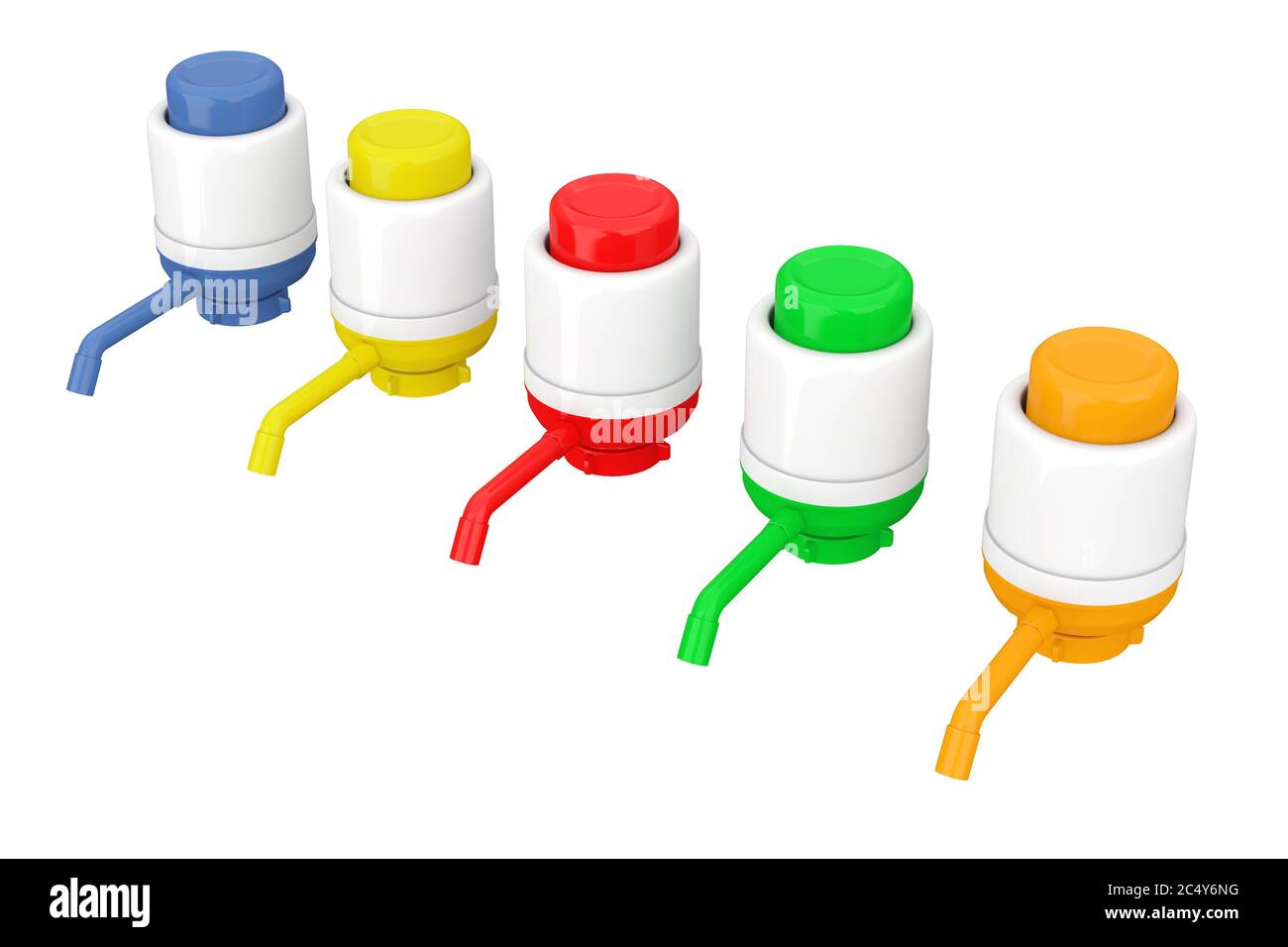Colorful Manual Water Pumps for Water Bottles on a white background. 3d ...