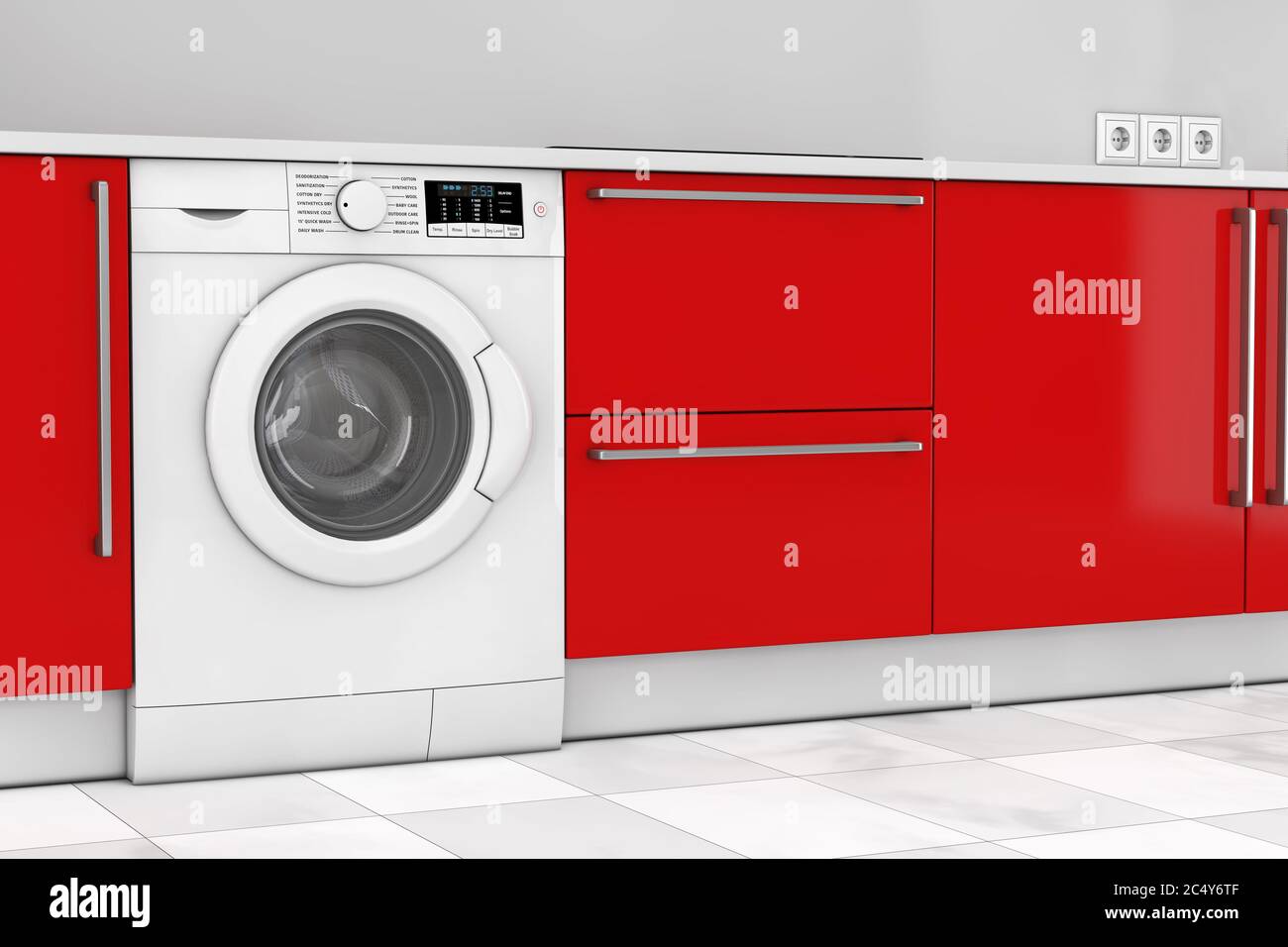 Red Modern Kitchen with Build-In Washing Machine extreme closeup. 3d ...