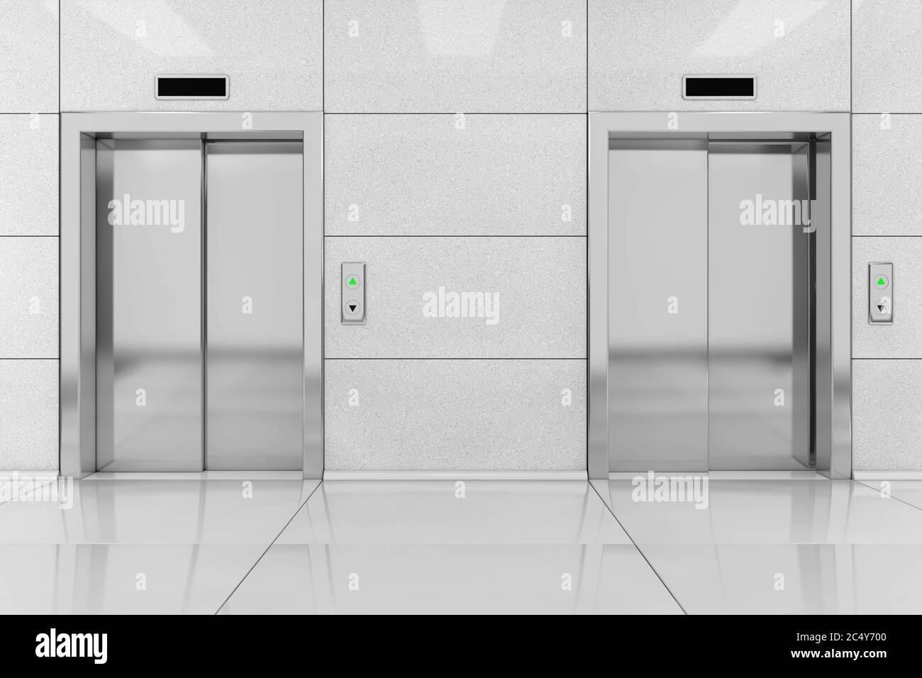 Two Modern Elevator or Lift with Metal Doors in Office Building extreme ...