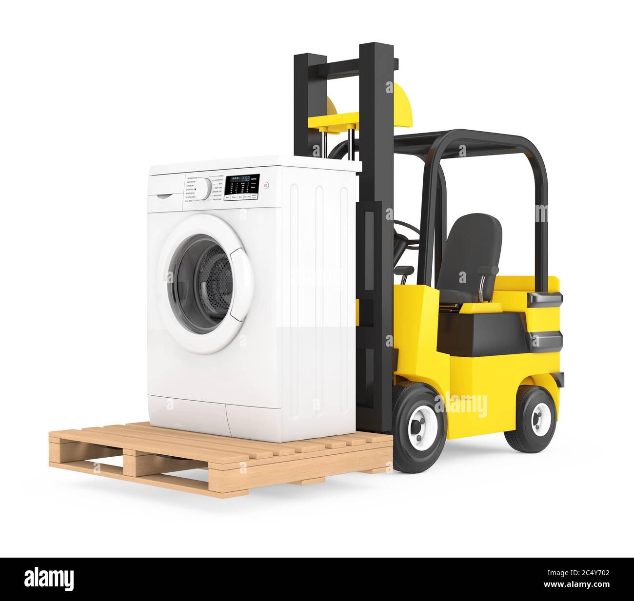 Forklift Truck moves Modern Washing Machine on a white background. 3d ...