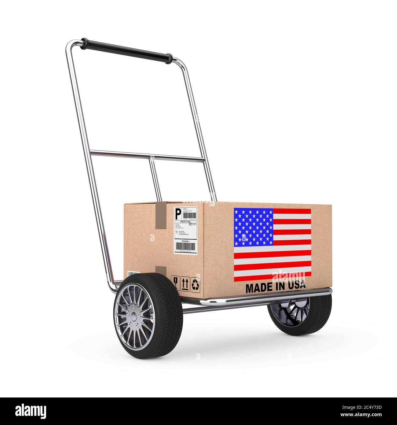 Cardboard Box with USA Flag over Hand Truck on a white background. 3d ...