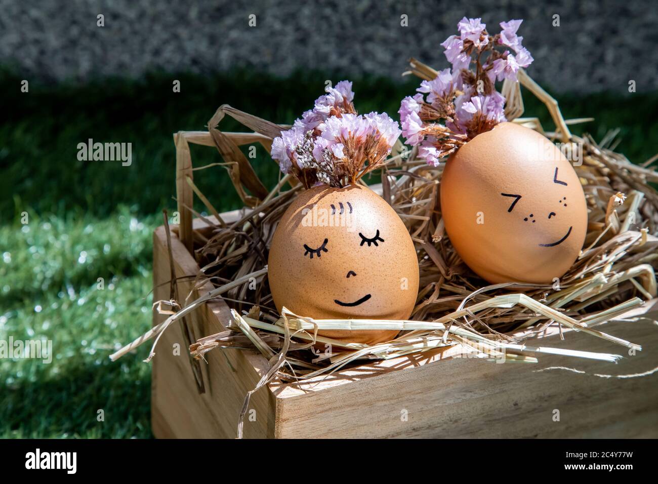 The two happy eggs is lying on dry straw. Happy and relaxing concept ...