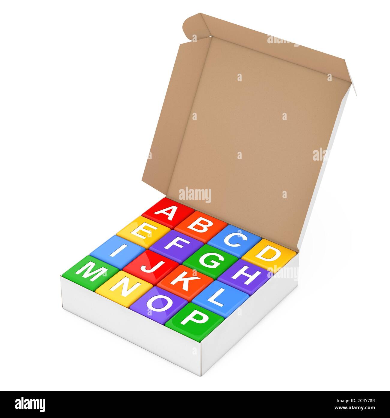 Set of Multicolour Alphabet Toy Cubes in Carton Box on a white ...