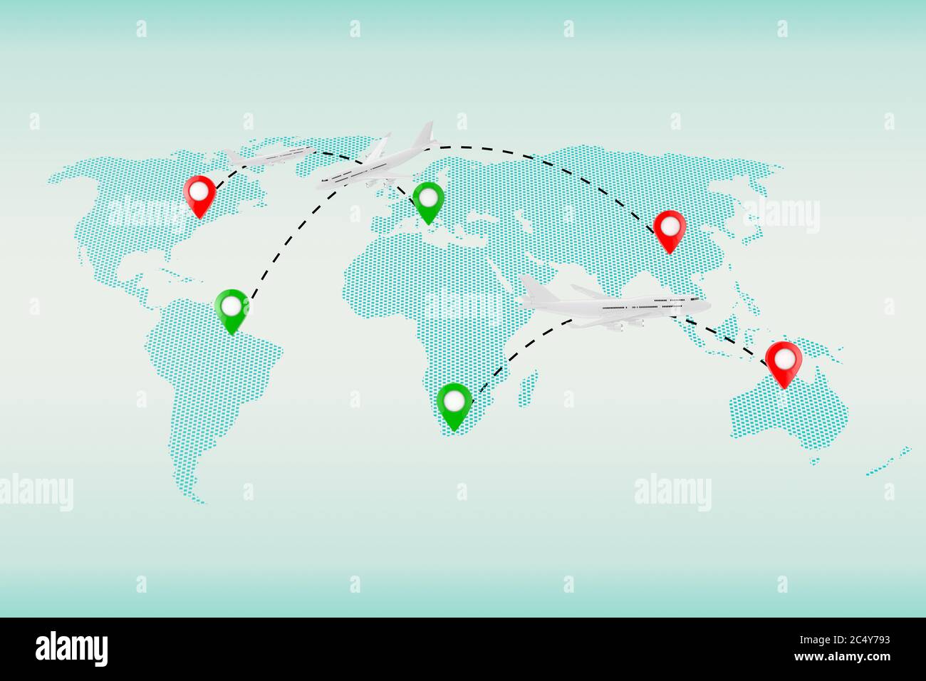 White Jet Passengers Airplanes Traffic Over World Map With Map