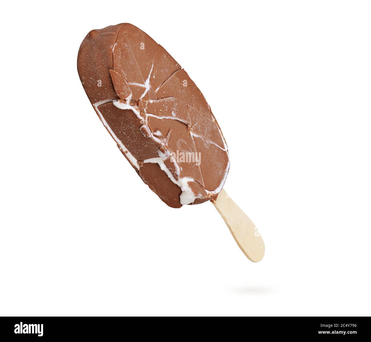Damaged melted popsicle ice cream chocolate covered isolated on white ...