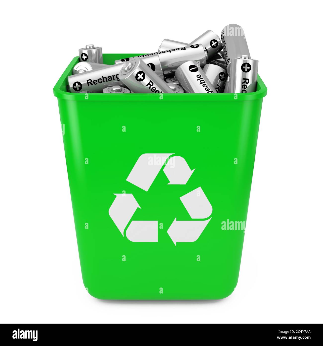 Heap of Rechargeable Batteries in Green Bucket with Recycle Sign on a ...