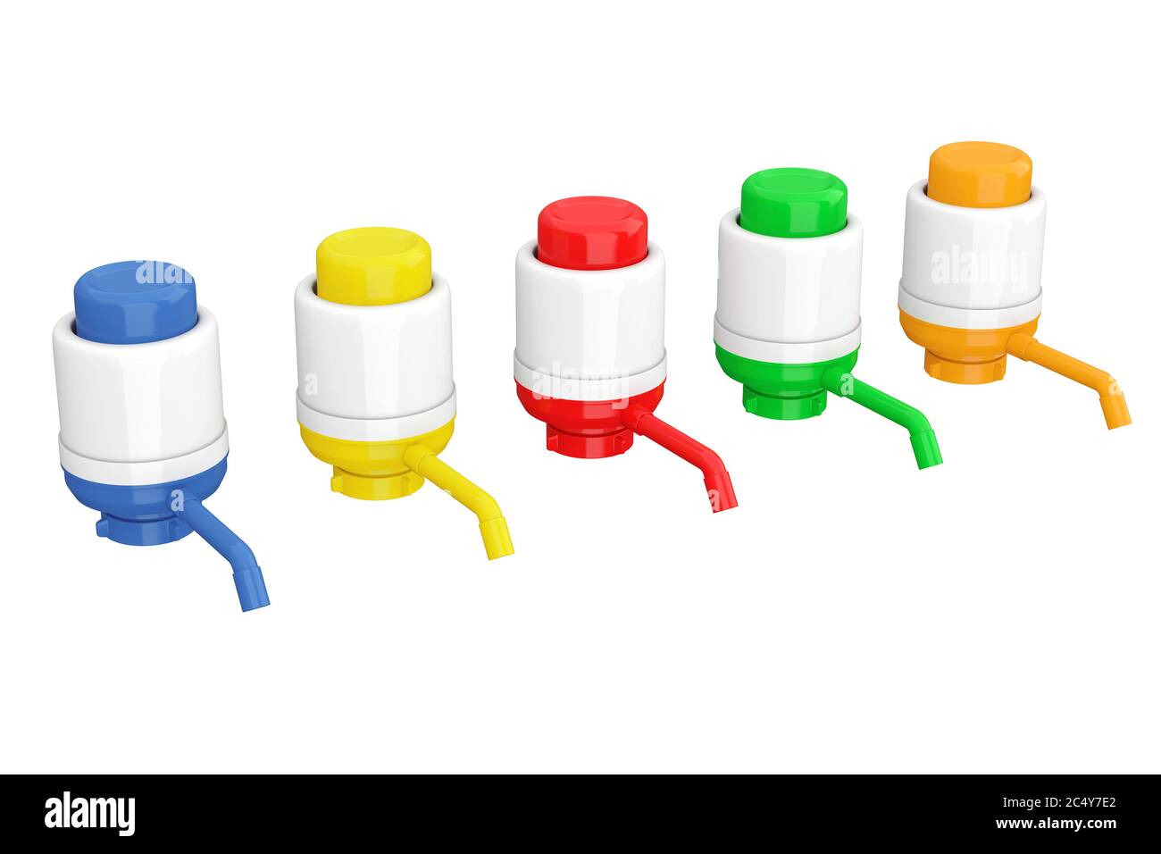 Colorful Manual Water Pumps for Water Bottles on a white background. 3d ...