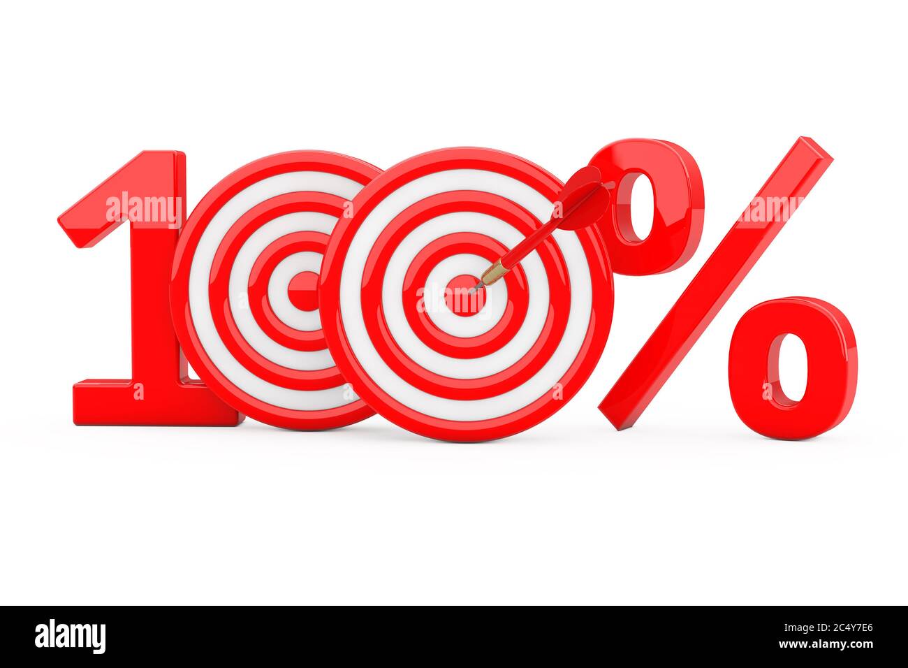 Red 100 % Sign as Darts Target with Darts Arrow on a white background ...