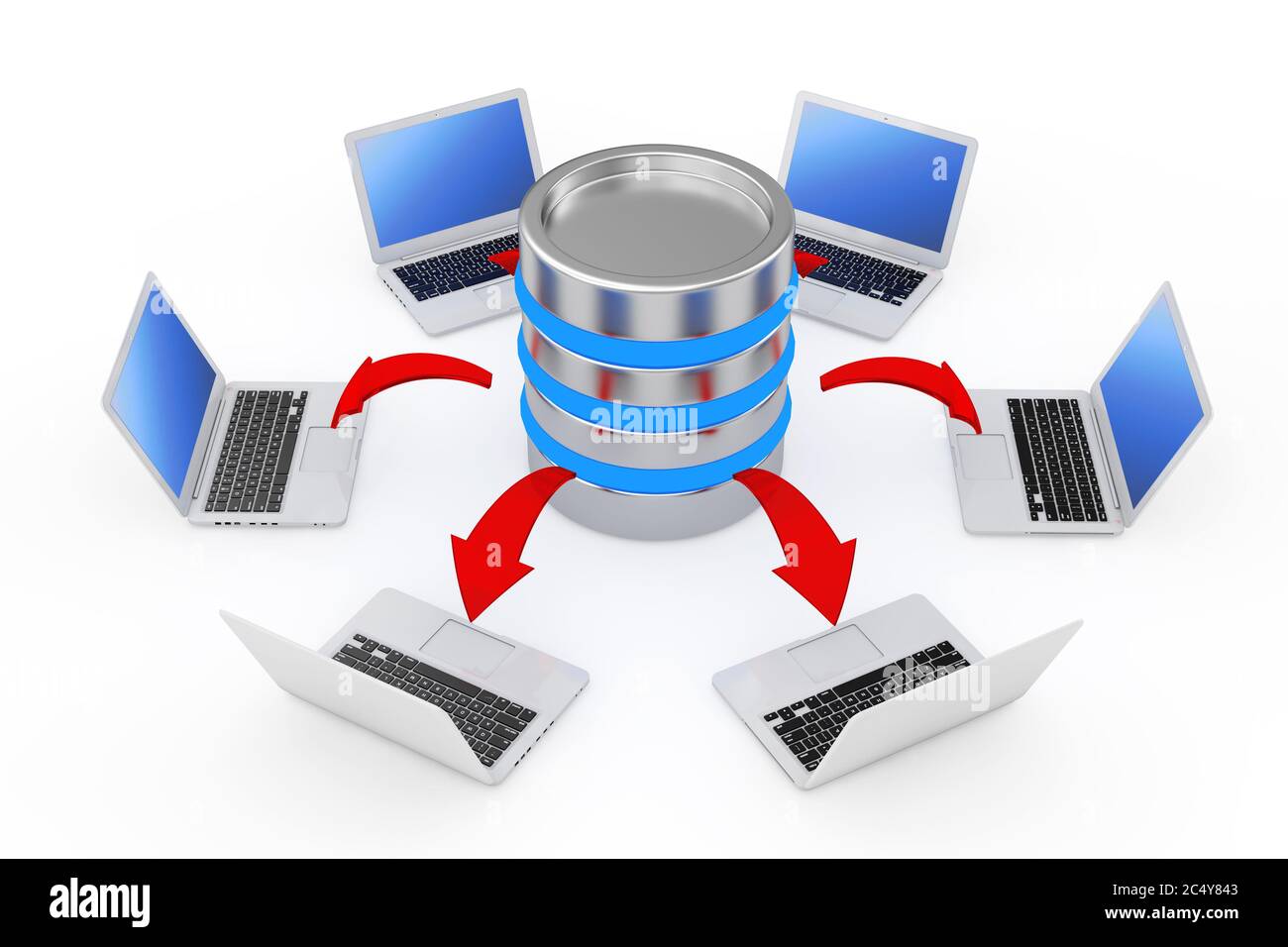 Laptops Arranged in a Circle Around a Server with Glowing Red Arrows ...