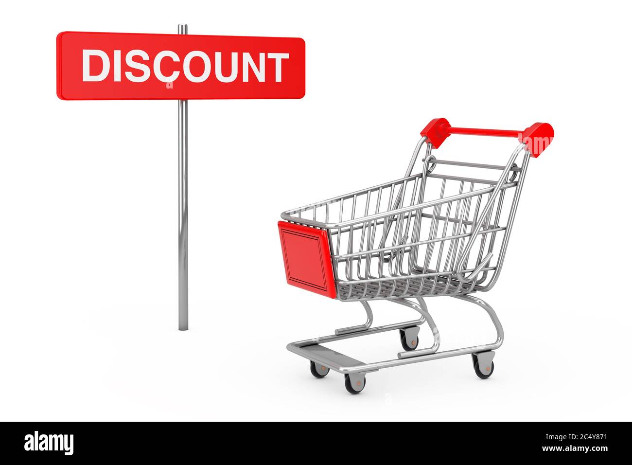 Red Pole Discount Sign near Shopping Cart on a white background. 3d ...