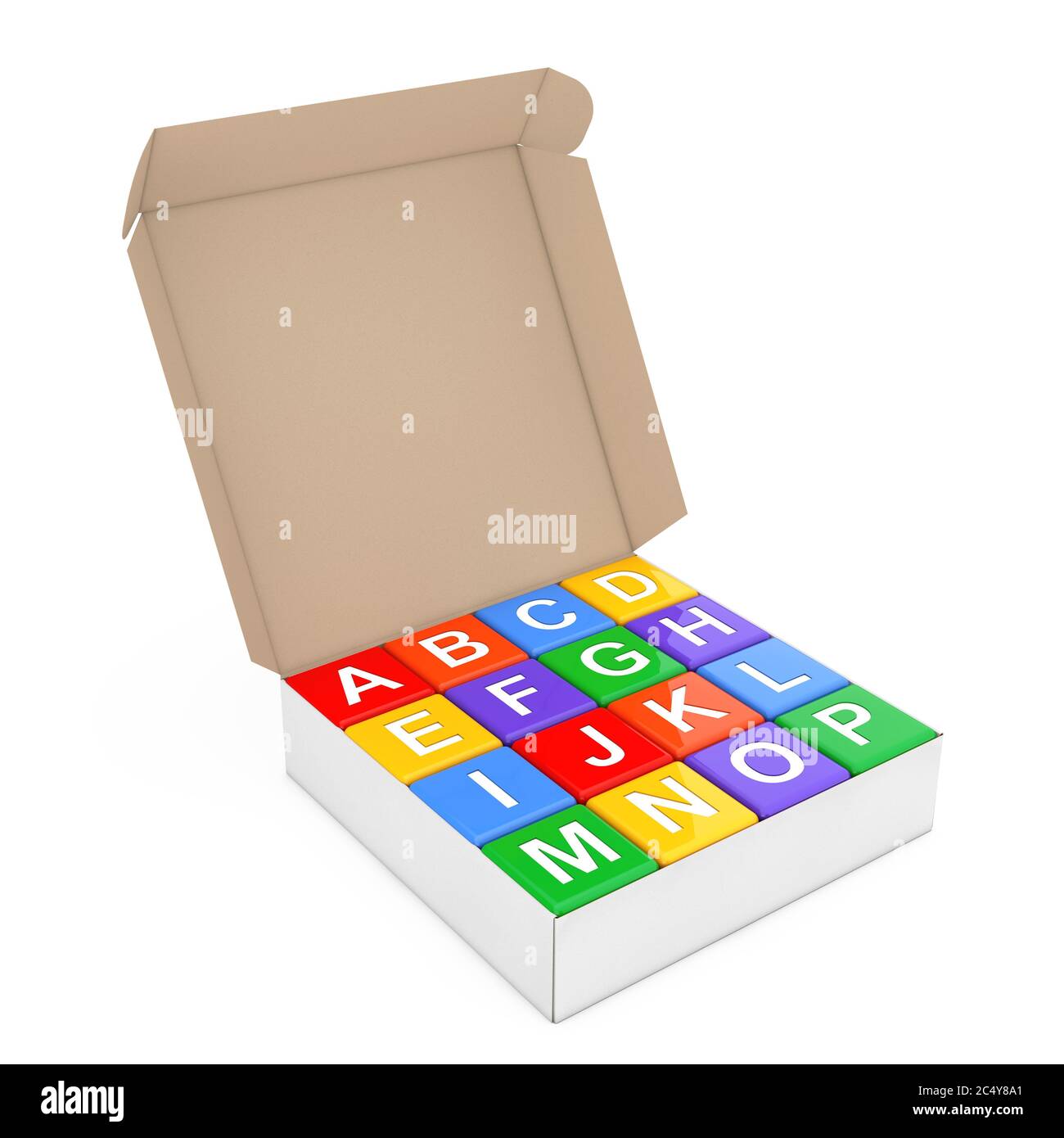 Set of Multicolour Alphabet Toy Cubes in Carton Box on a white ...