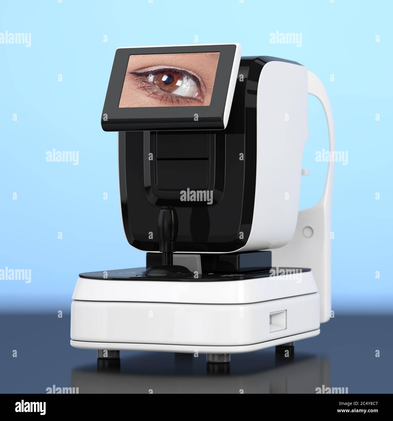 Optical Auto Refractometer Eye Test Machine on a blue background. 3d ...