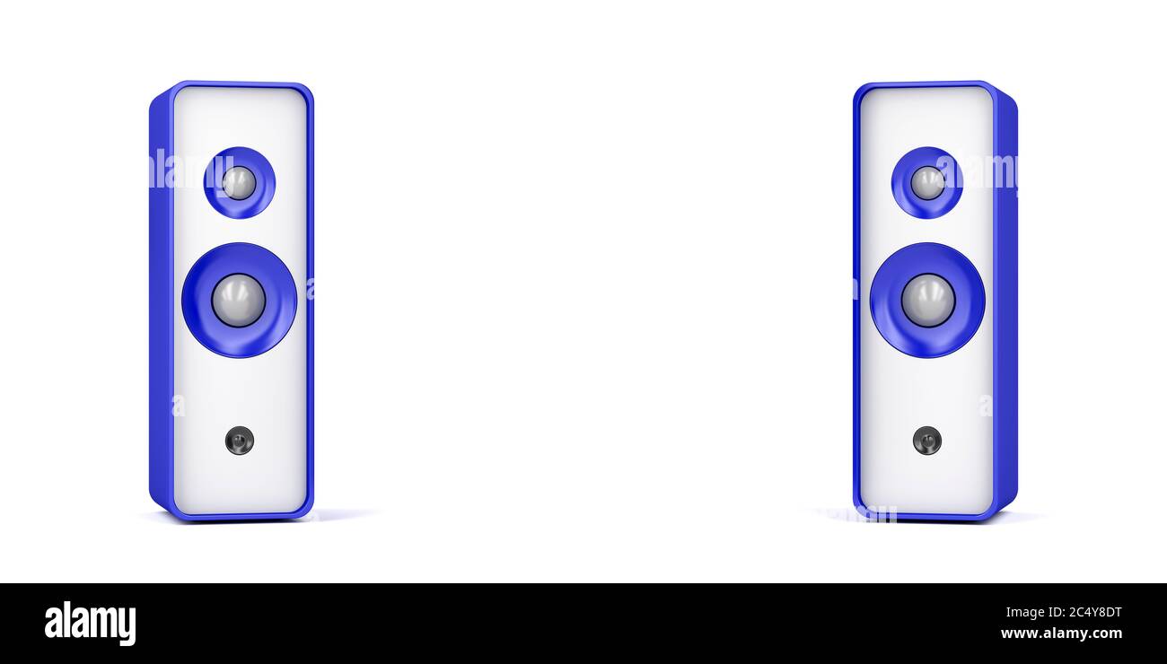 Front view of stereo speakers on white background, copy space between ...