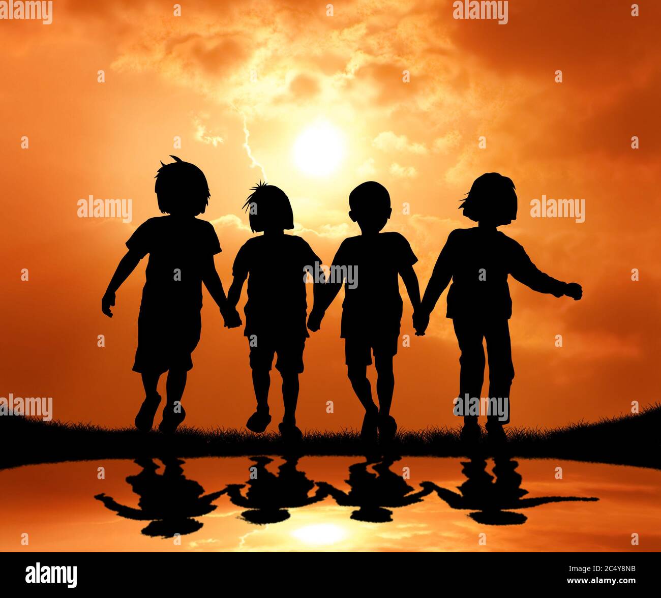 group of kids holding hand and walking during sunset Stock Photo - Alamy