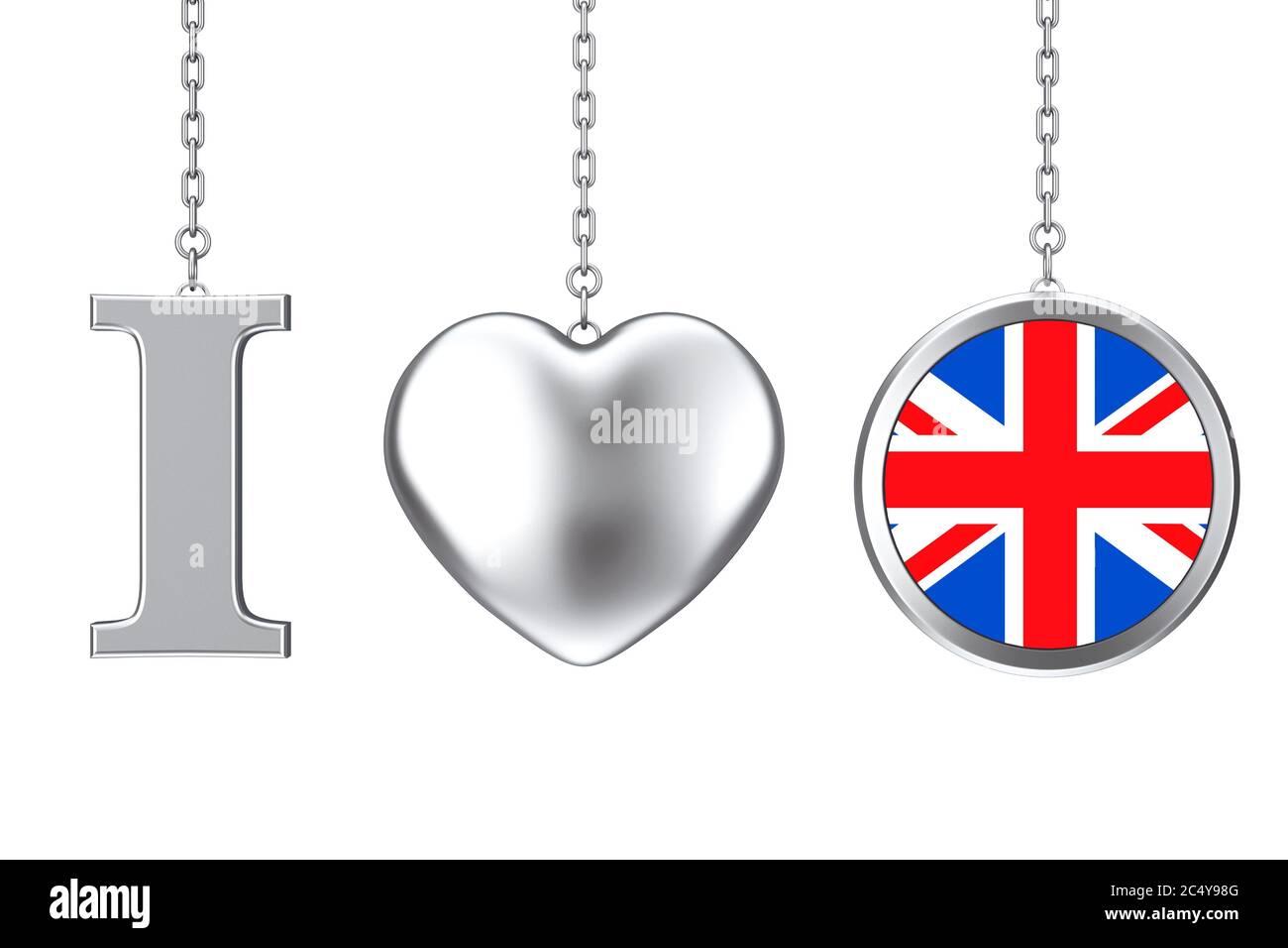 Hanging by Chain I Love Great Britain Sign as Silver Heart and Badge ...