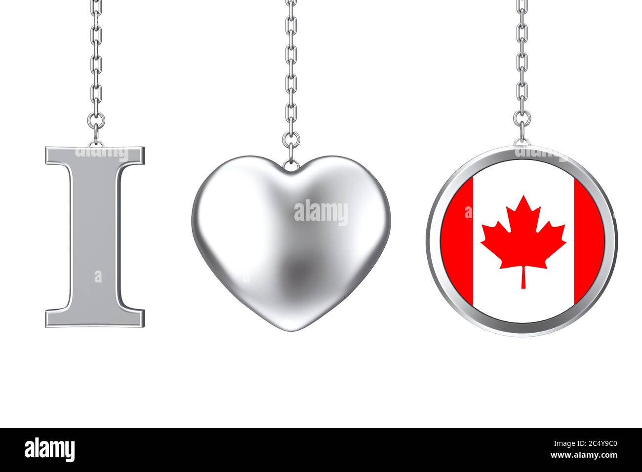 Hanging by Chain I Love Canada Sign as Silver Heart and Badge with ...