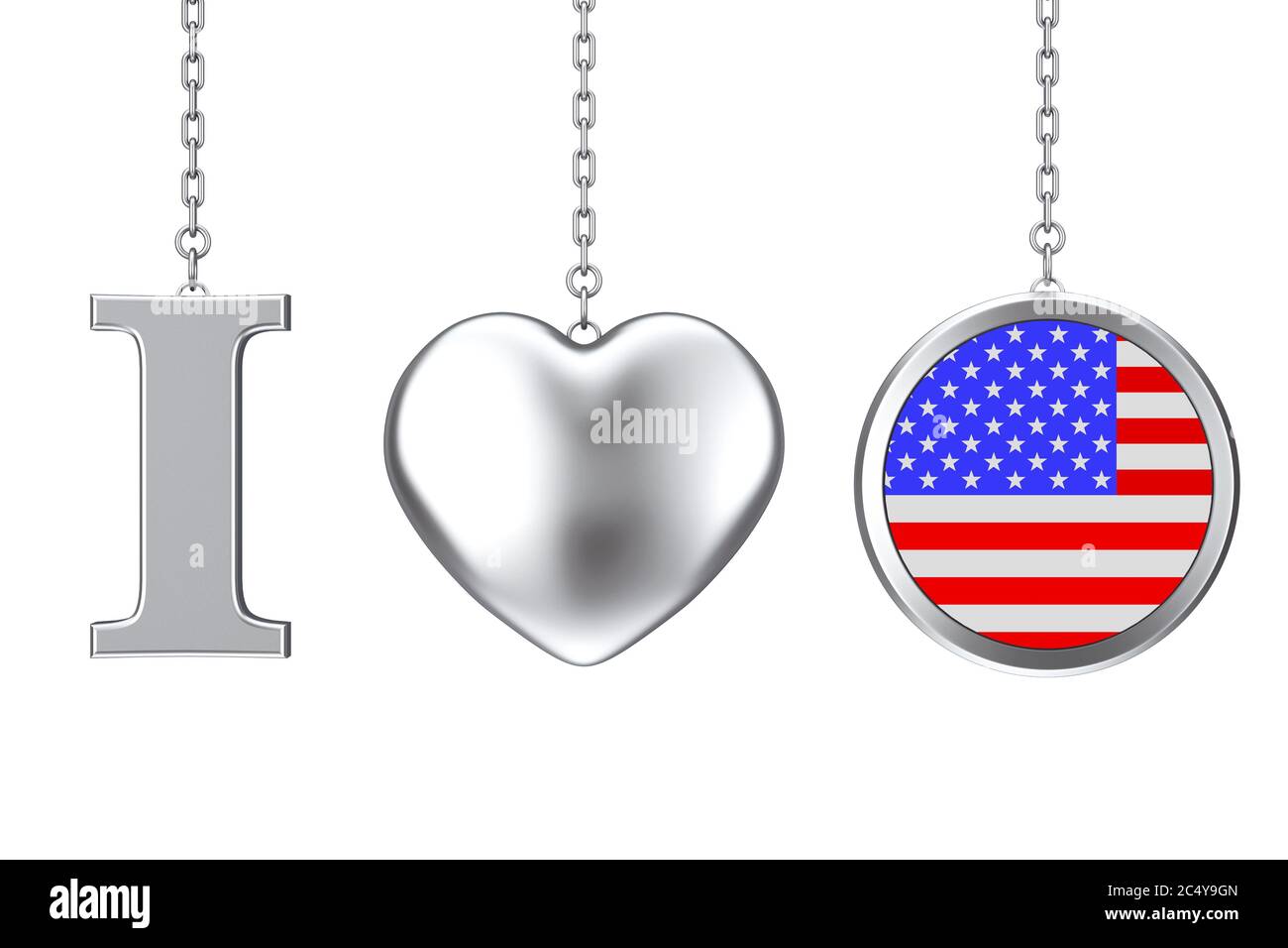 Hanging by Chain I Love USA Sign as Silver Heart and Badge with ...