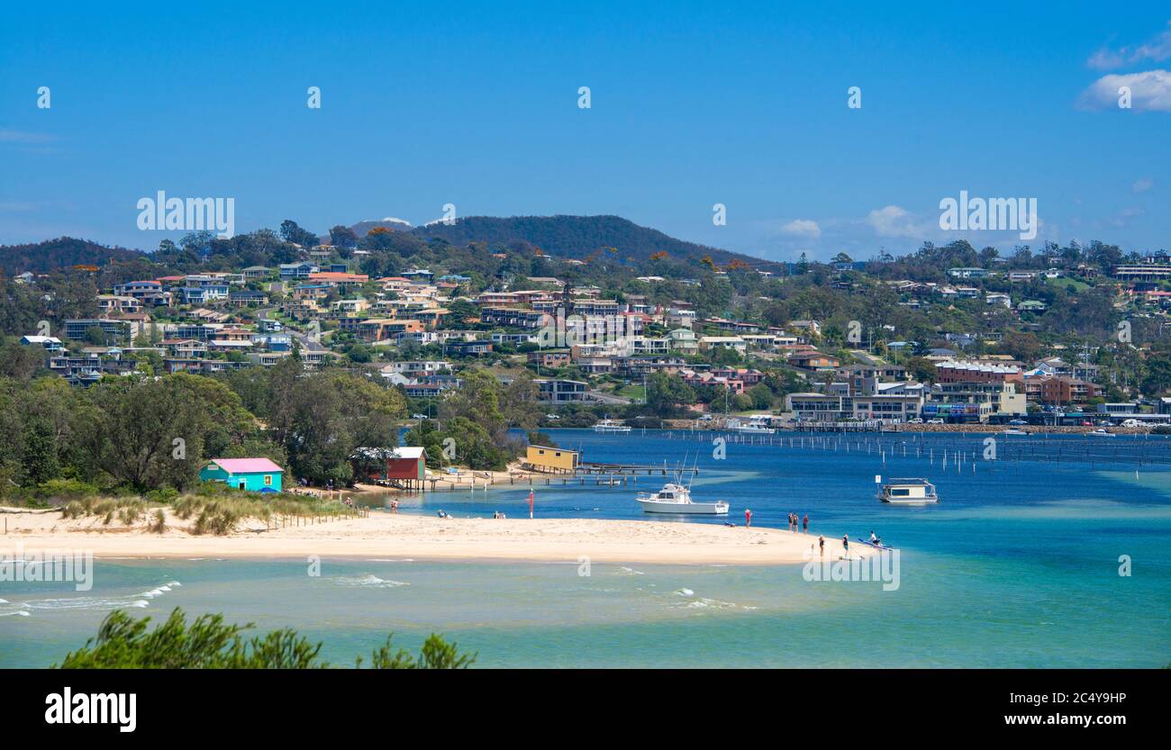 Sand bar Boggy Creek and town of Merimbula NSW Australia Stock Photo ...